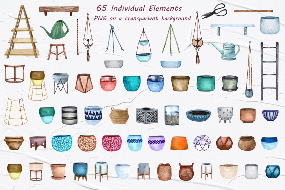 Plant Pots Watercolor Clipart. Pots for Plants Clipart. Watercolor Pot ...