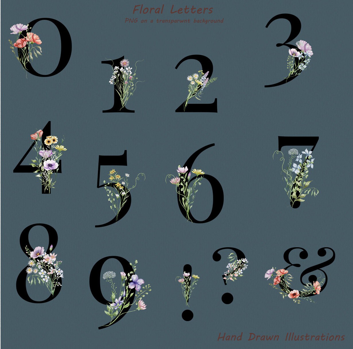 Wild Floral Alphabet Clipart. Wild Flowers Numbers Watercolor Spring ...