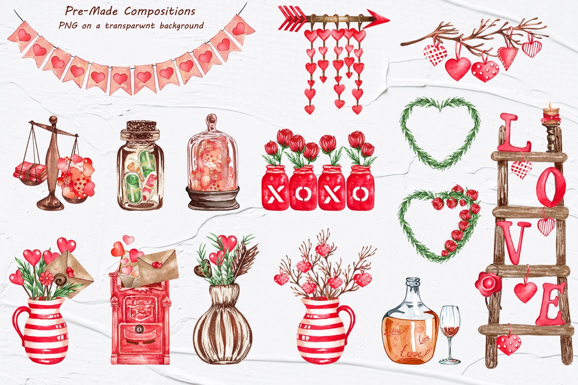 Valentine's Watercolor Clipart. Watercolor Love Clipart. | Etsy
