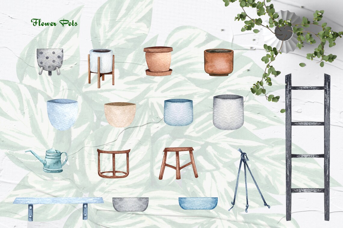 Plant Pots Watercolor Clipart. Pots for Plants Clipart. Watercolor Pot ...