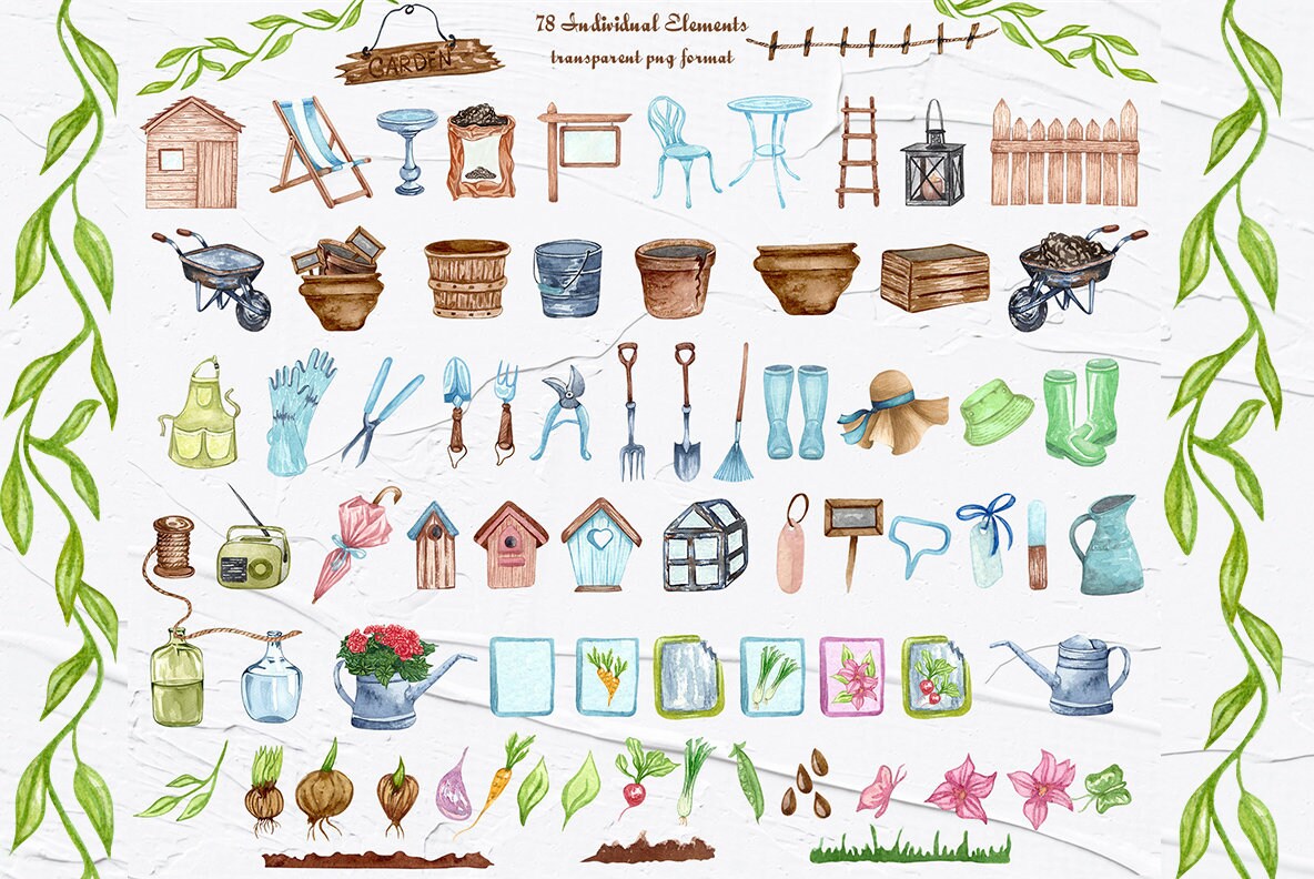 Gardening Watercolor Clipart. Garden Tools Illustration. - Etsy UK