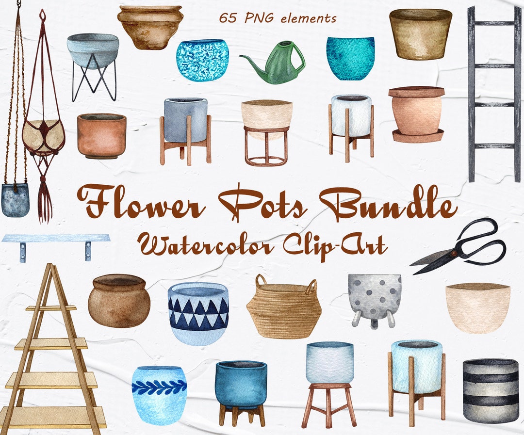 Plant Pots Watercolor Clipart. Pots for Plants Clipart. Watercolor Pot ...