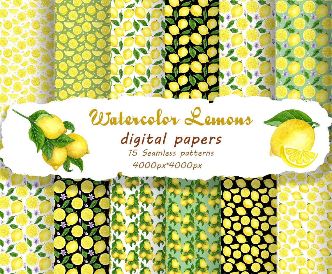 Lemon Digital Paper. Lemons Clipart. Lemon Seamless Patterts - Etsy UK