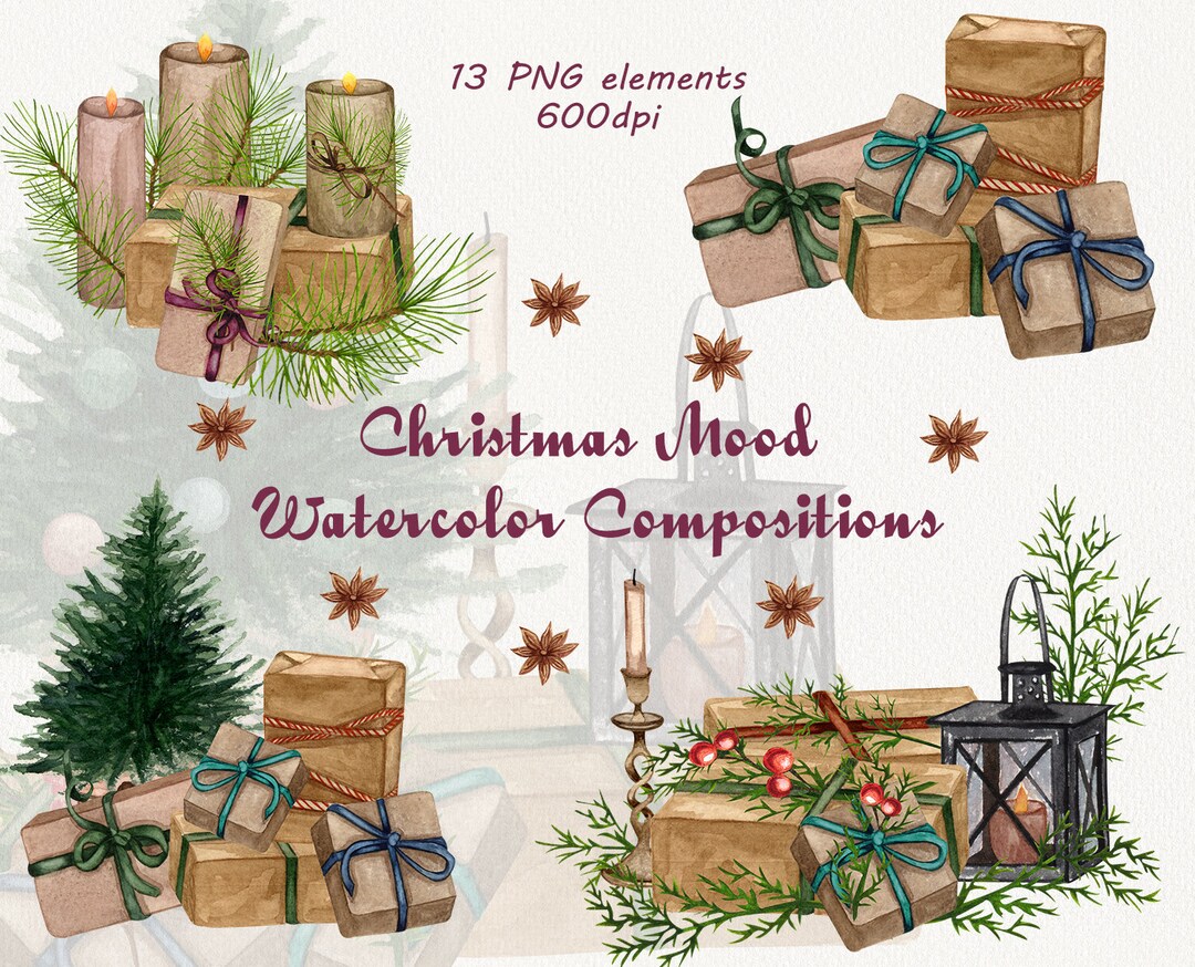 Christmas Tree Watercolor Clipart. Watercolor Hanukkah Clipart. Candles ...