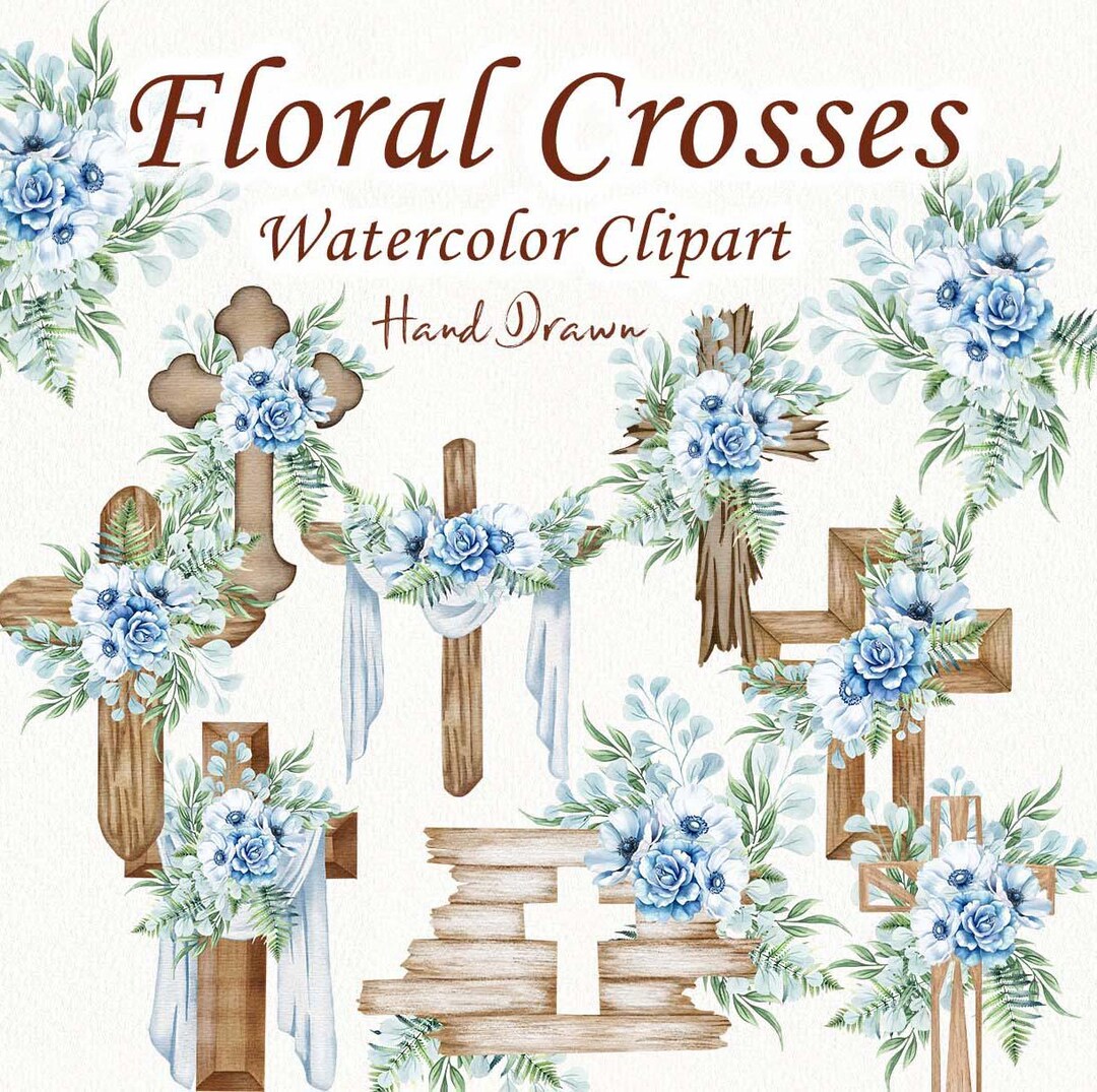 Wooden Cross Clipart. Blue Floral Cross Clipart. Watercolor Floral ...
