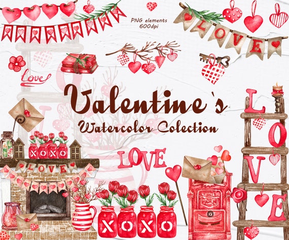 Valentine's Watercolor Clipart. Watercolor Love Clipart. | Etsy