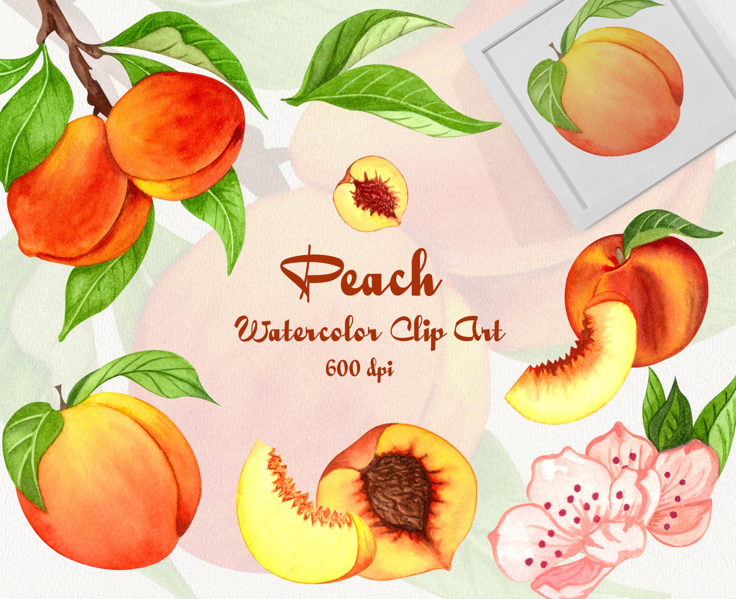 Art & Collectibles Clip Art Peach Clipart Watercolor Peaches Branch ...