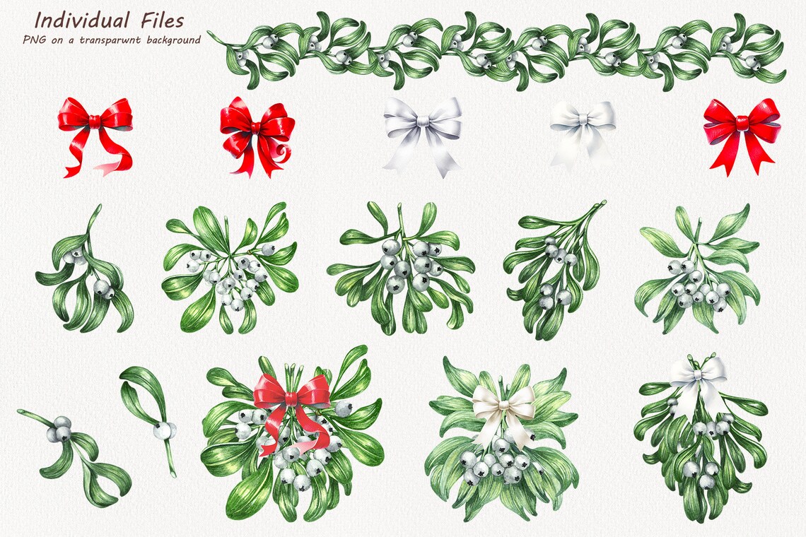 Mistletoe Watercolor Clipart. Decorative Bow Clipart. Christmas Clipart ...