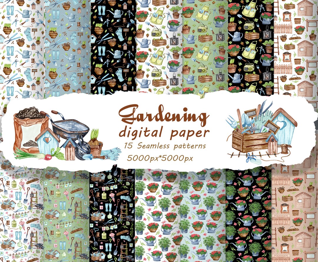 Gardening Digital Paper. Gardening Seamless Patterns. Garden Wrapping ...