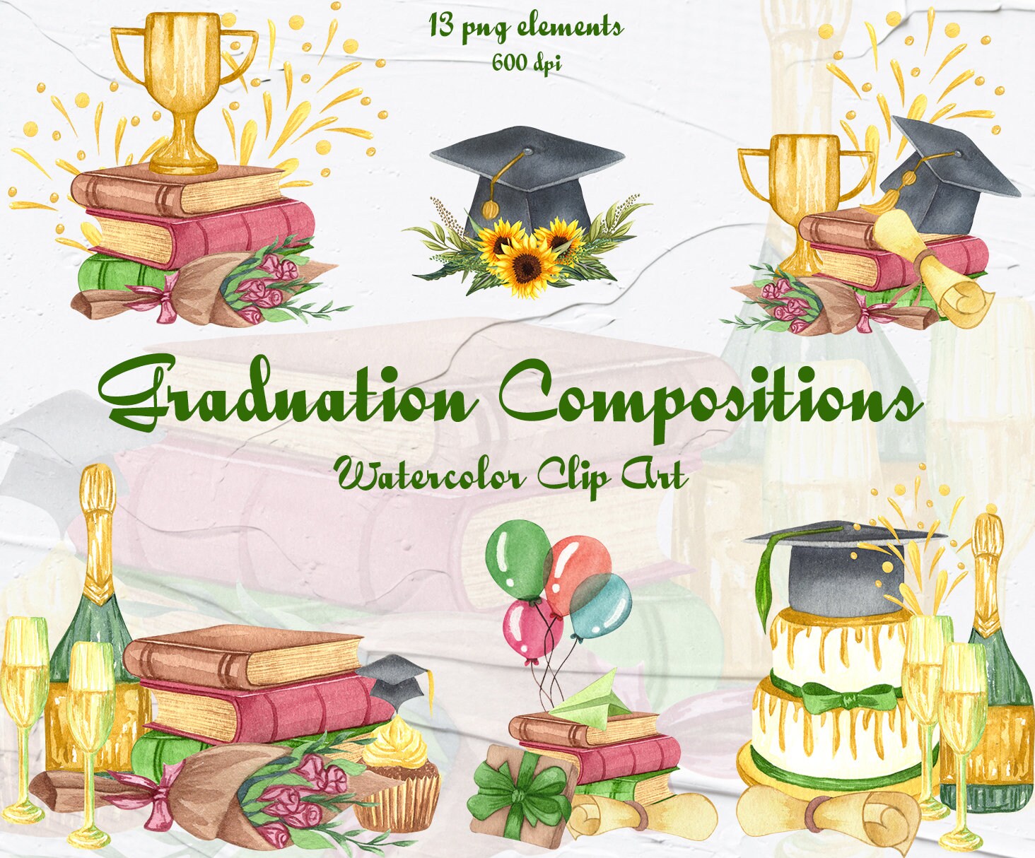 Graduation Clipart. Watercolor Graduation clipart. Party | Etsy