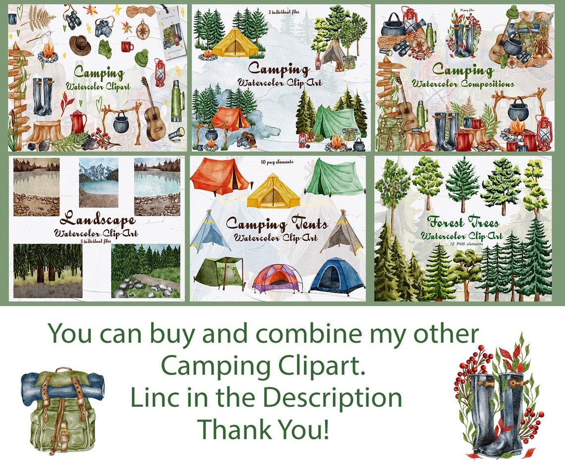 Camping Watercolor Clipart. Woodland Camping Clipart. Watercolor Wild ...
