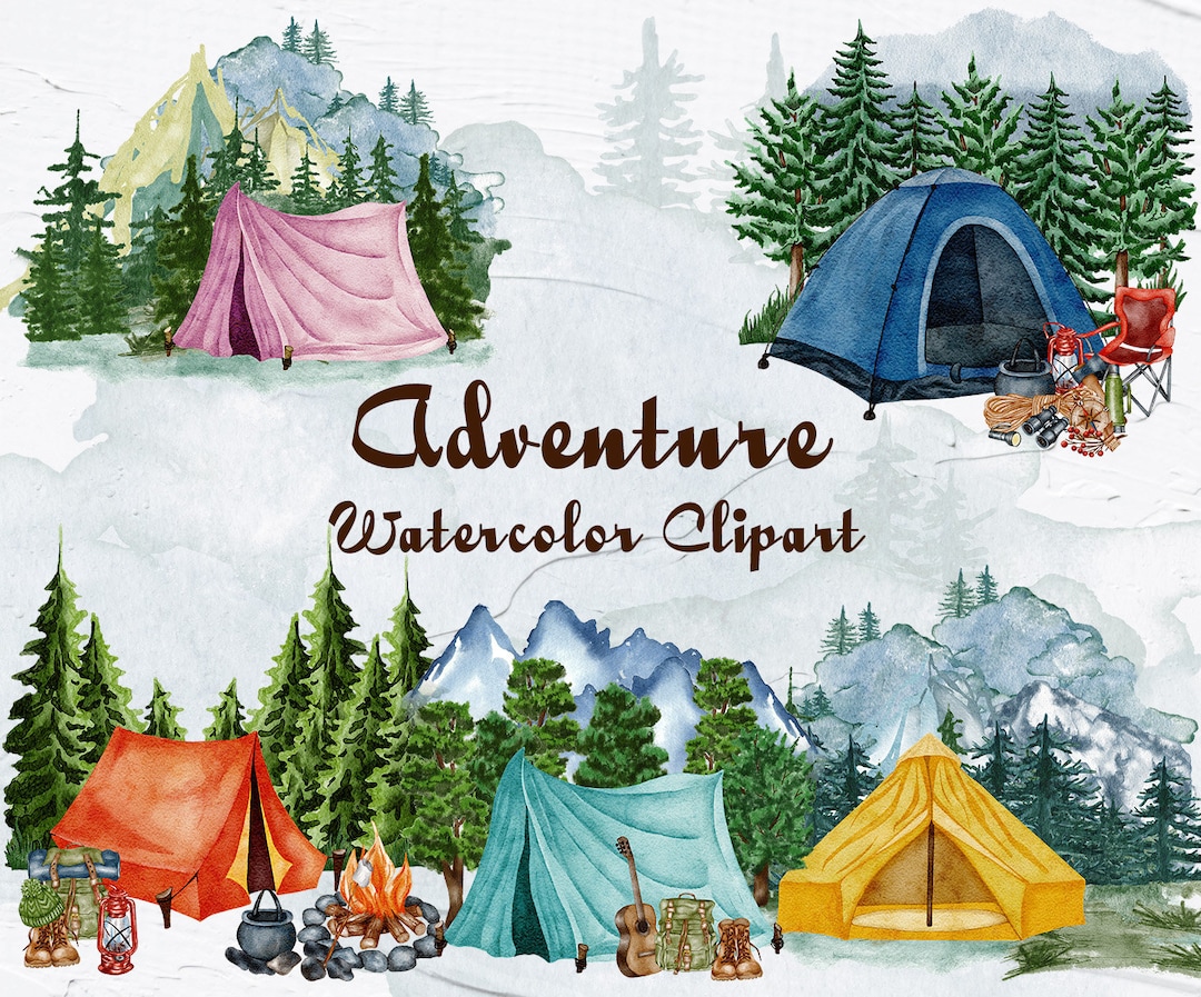 Camping Watercolor Clipart. Woodland Landscape. Watercolor Wild Camping ...