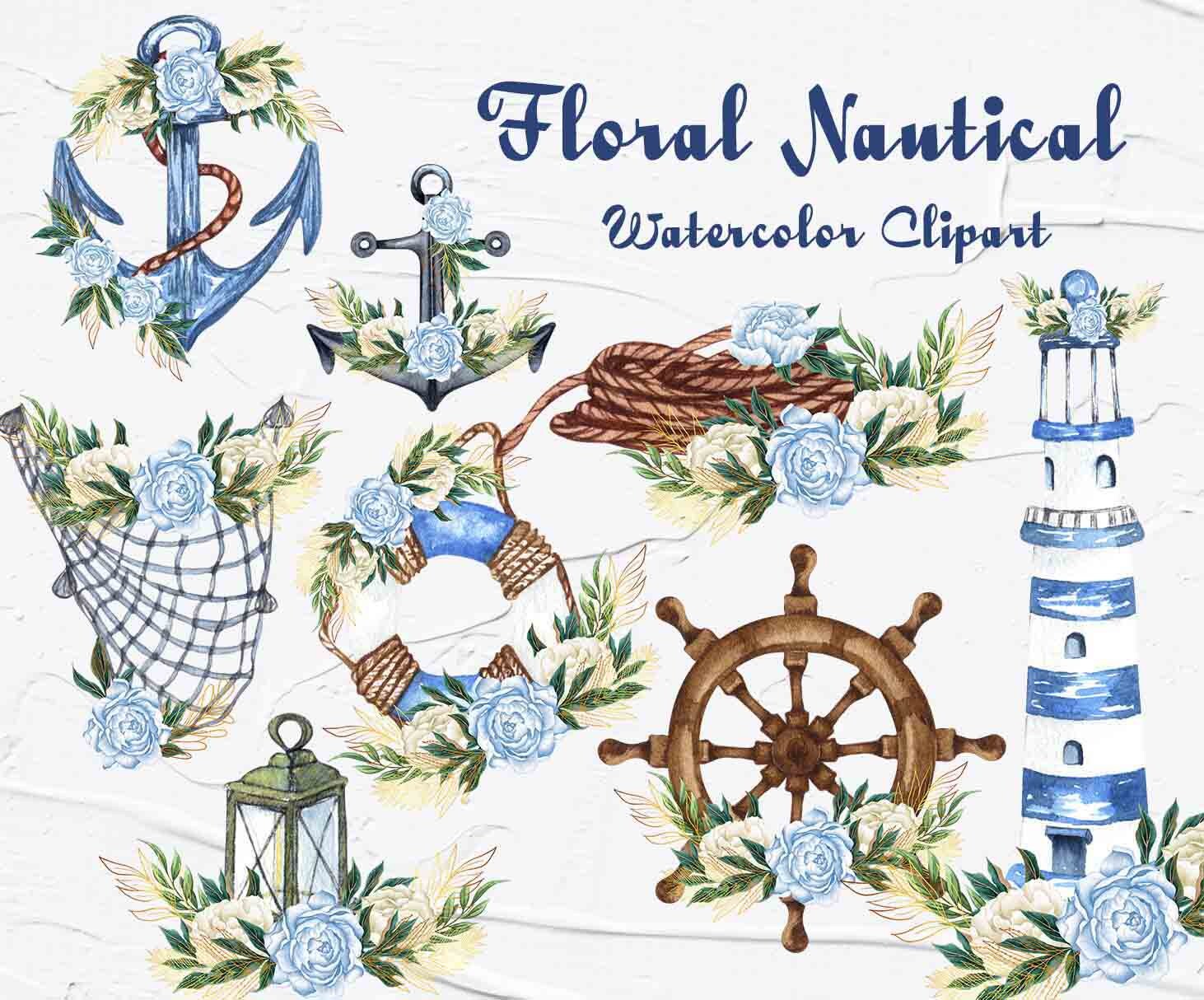Nautical Watercolor Clipart. Floral Nautical Clipart. Floral - Etsy