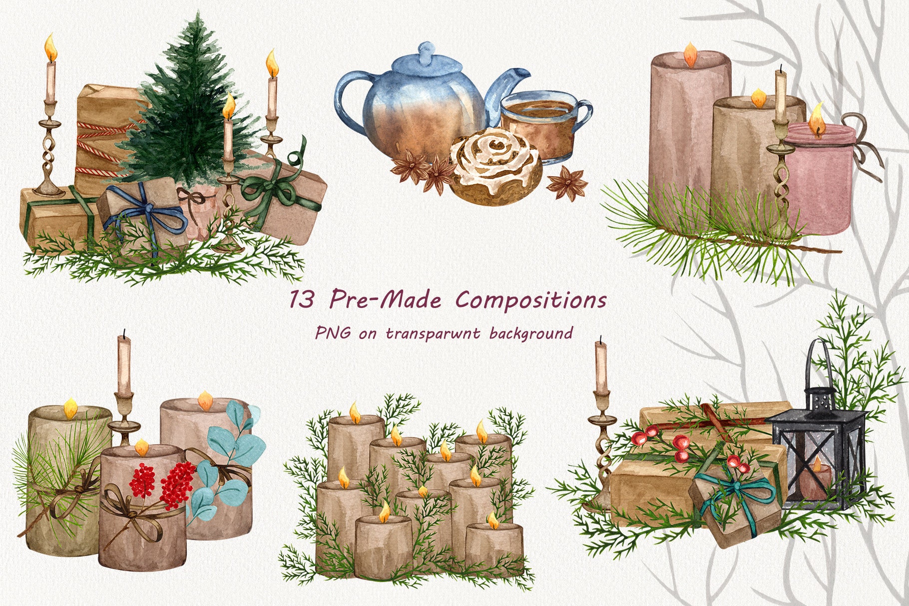 Christmas Tree Watercolor Clipart. Watercolor Hanukkah Clipart. Candles ...