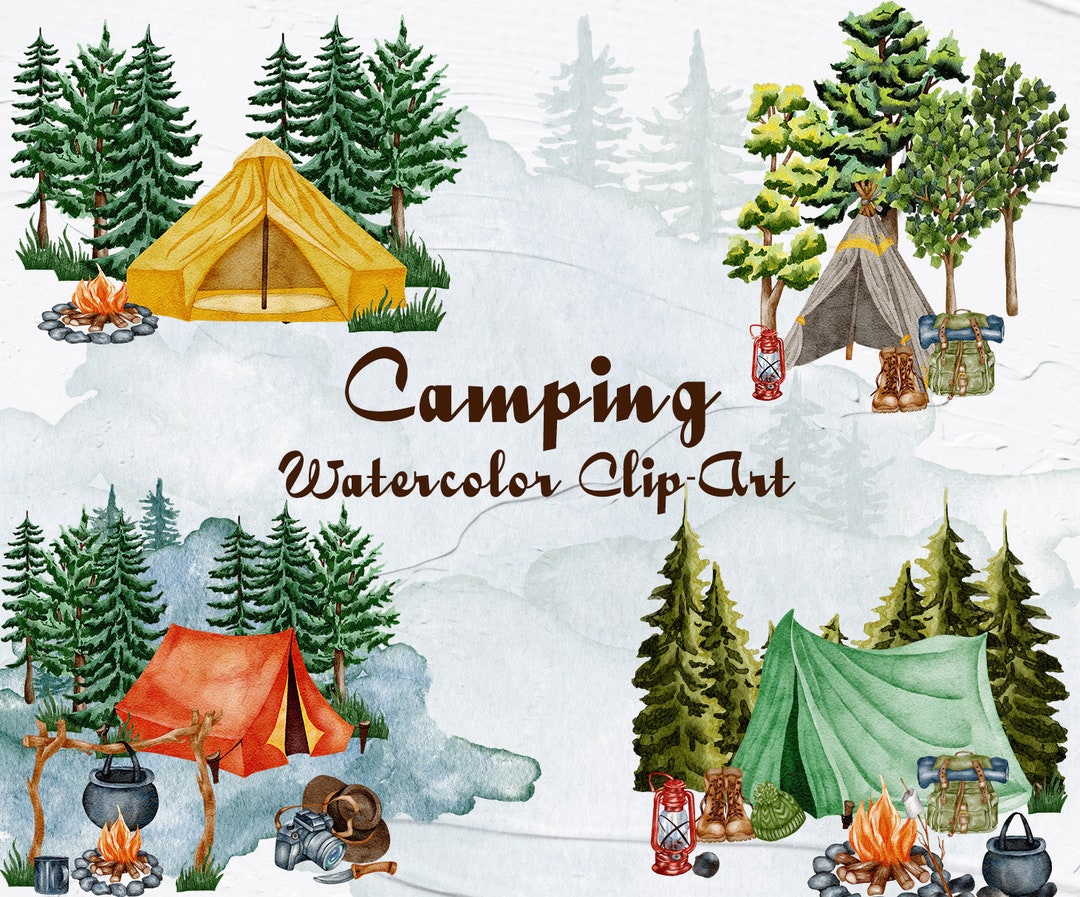 Camping Watercolor Clipart. Woodland Landscape. Watercolor Wild Camping ...