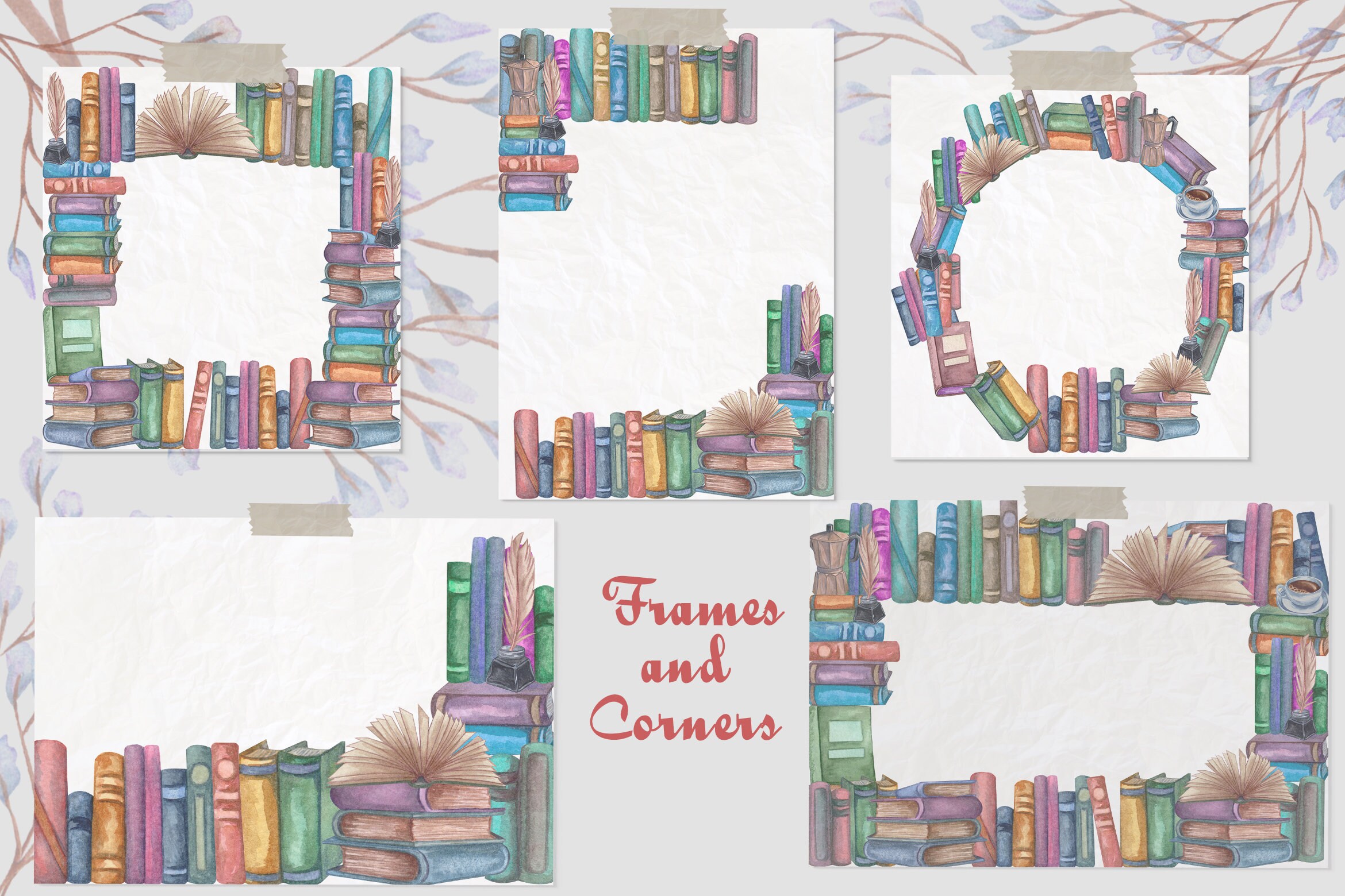 Watercolor Book Frames Clipart. Books. Vintage Library. - Etsy UK