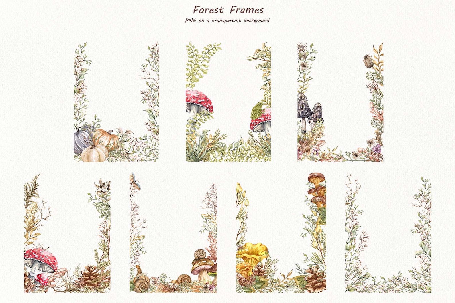 Forest Frames Clipart. Mushroom Watercolor Clipart. Mushrooms. Autumn ...