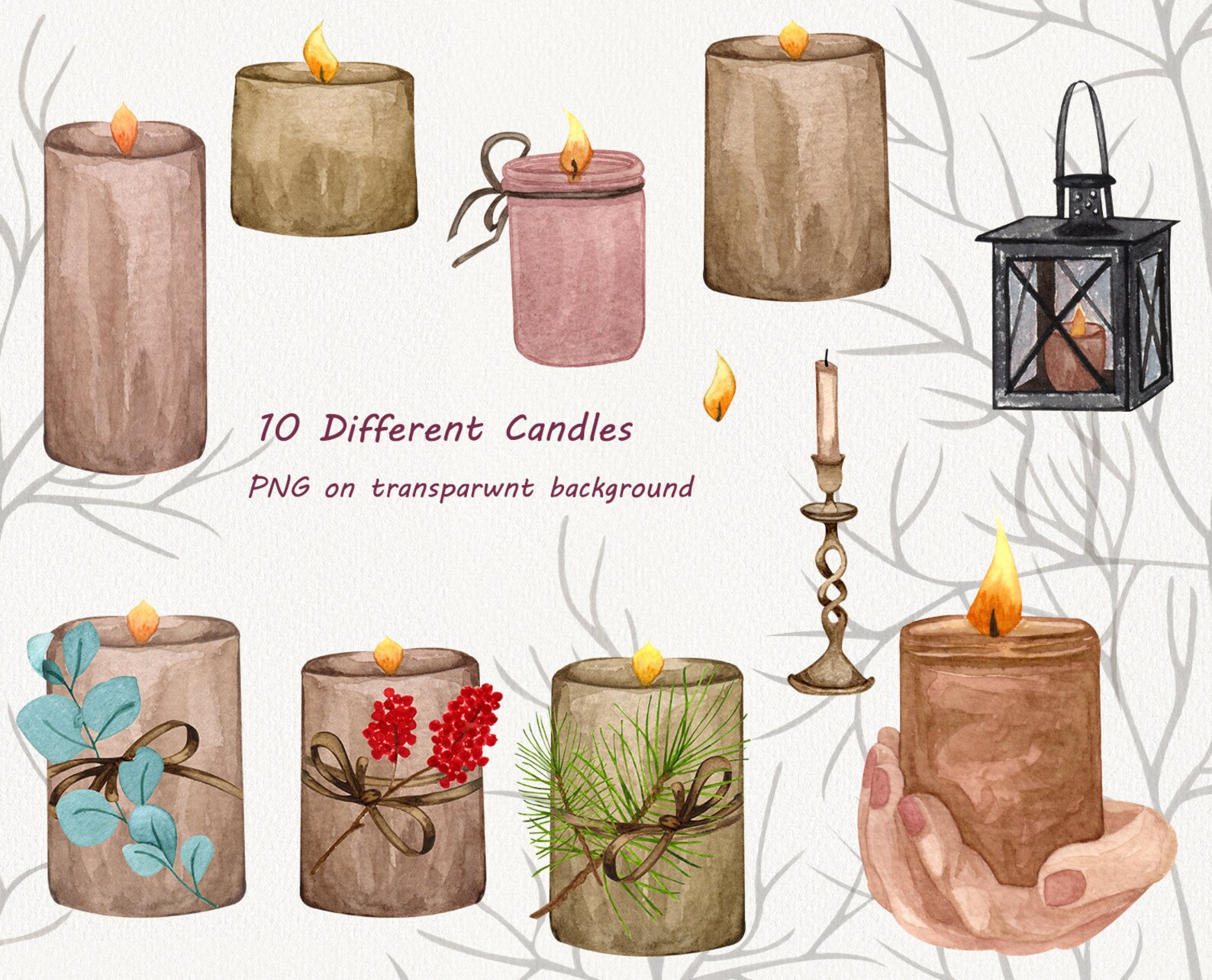 Christmas Elements Clipart, Watercolor Christma, Winter Set, Candlles ...