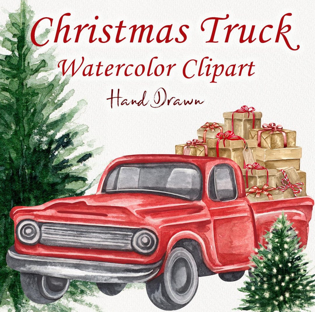 Watercolor Christmas Truck Clipart. Holidays Clipart. Vintage Red ...