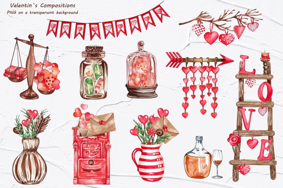 Valentine's Watercolor Clipart. Watercolor Love Clipart. | Etsy