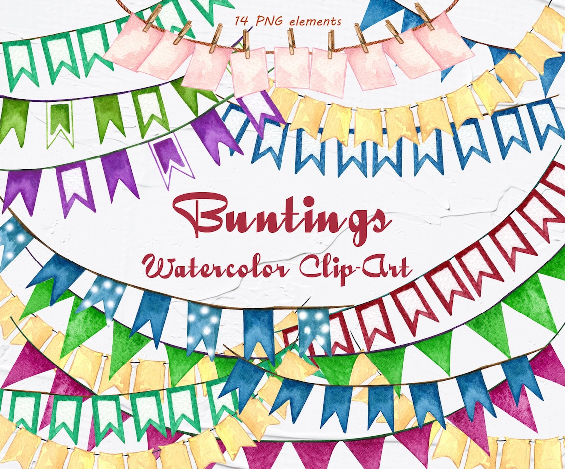 Buntings Watercolor Clipart. Bunting Banner. Bunting Flag. - Etsy