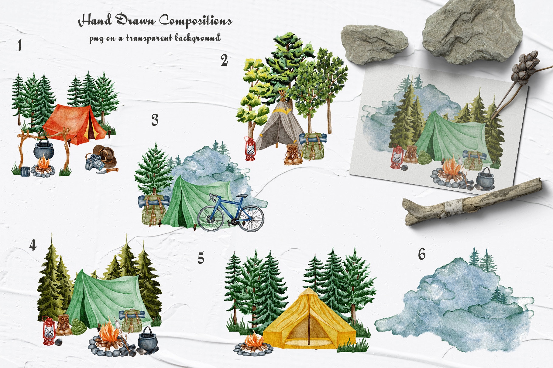 Camping Watercolor Clipart. Woodland Landscape. Watercolor Wild Camping ...