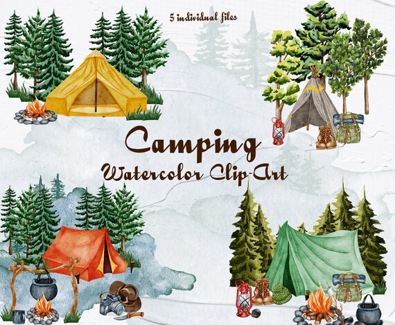 Watercolor wild camping Camper Travel Woodland camping Clipart Hiking ...