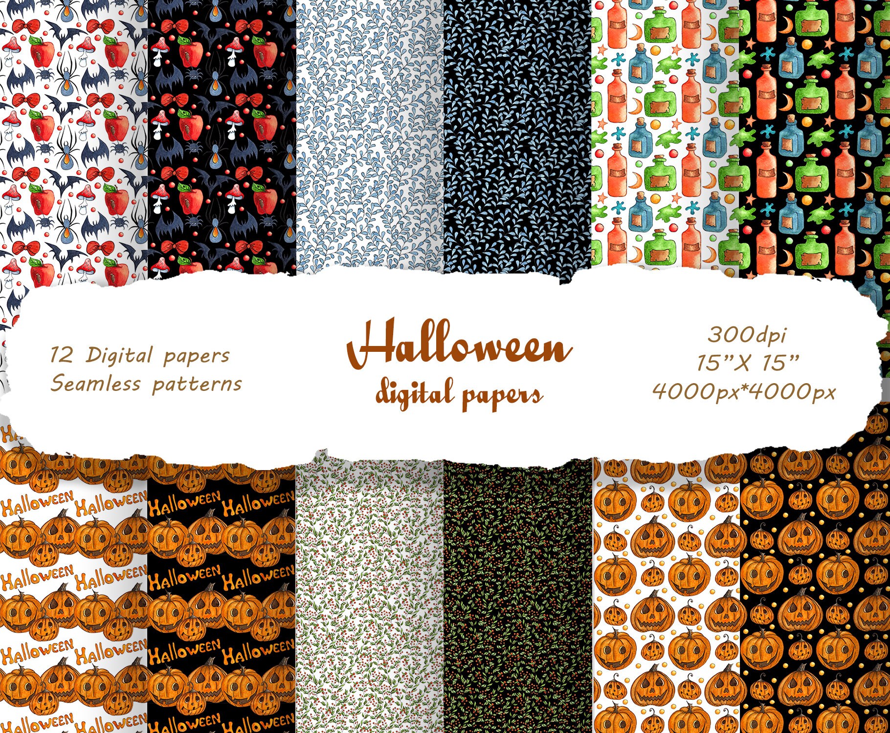 12 Watercolor Halloween Digital Papers. Halloween Seamless - Etsy