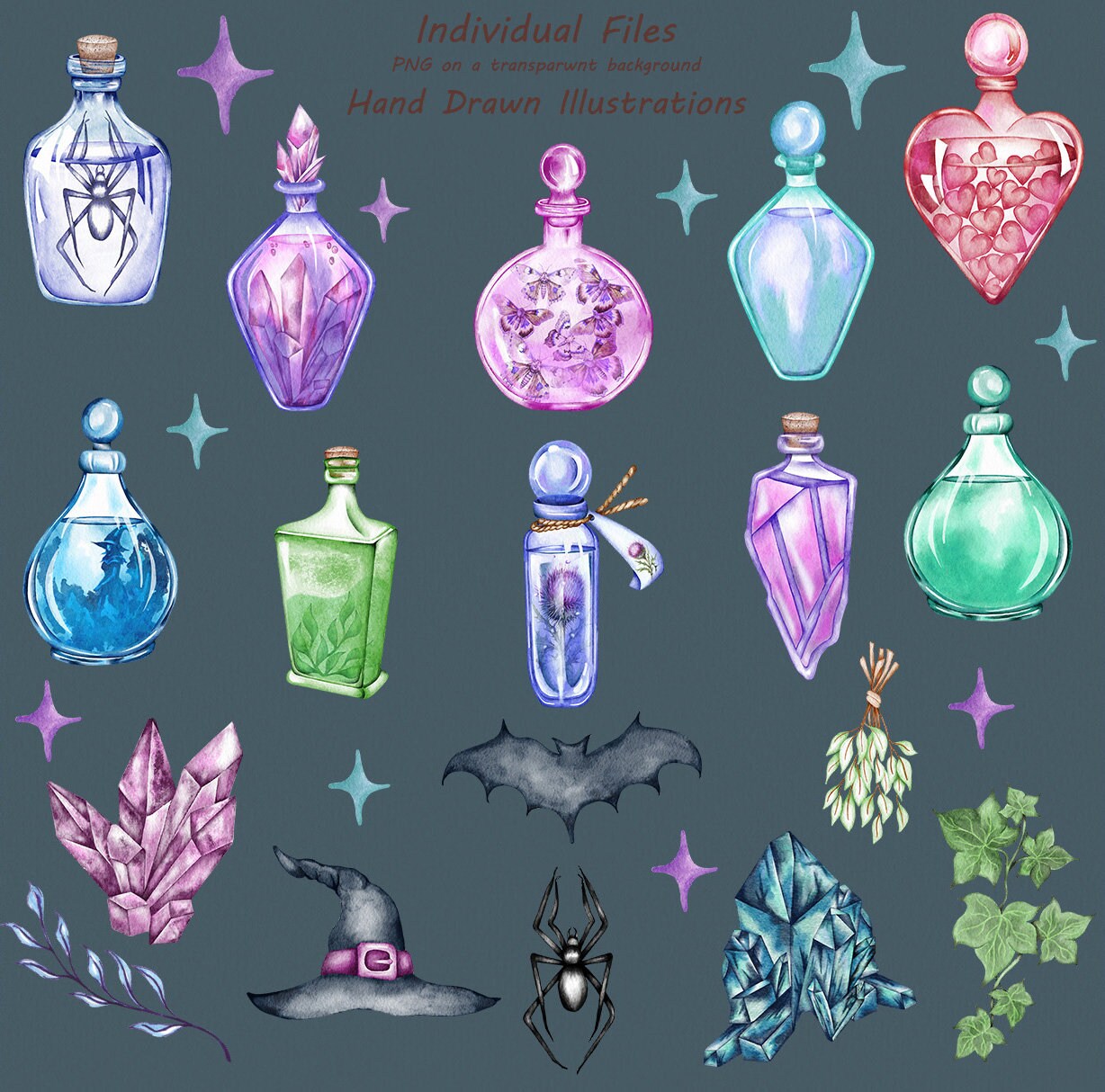 Watercolor Magic Potion Clipart. Witch Clipart Bundle. Halloween PNG ...