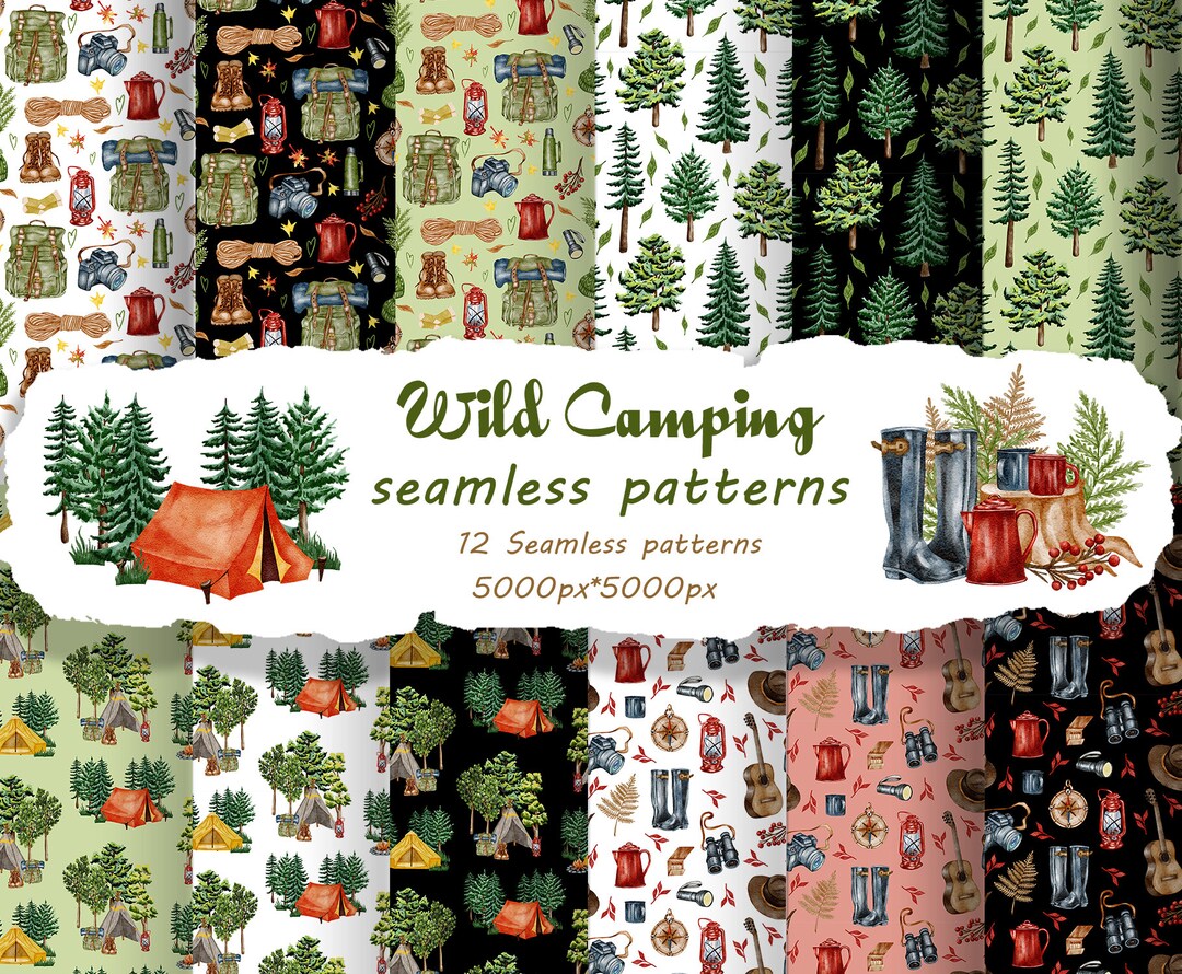 Camping Seamless Patterns. Camping Digital Paper. Woodland Camping ...