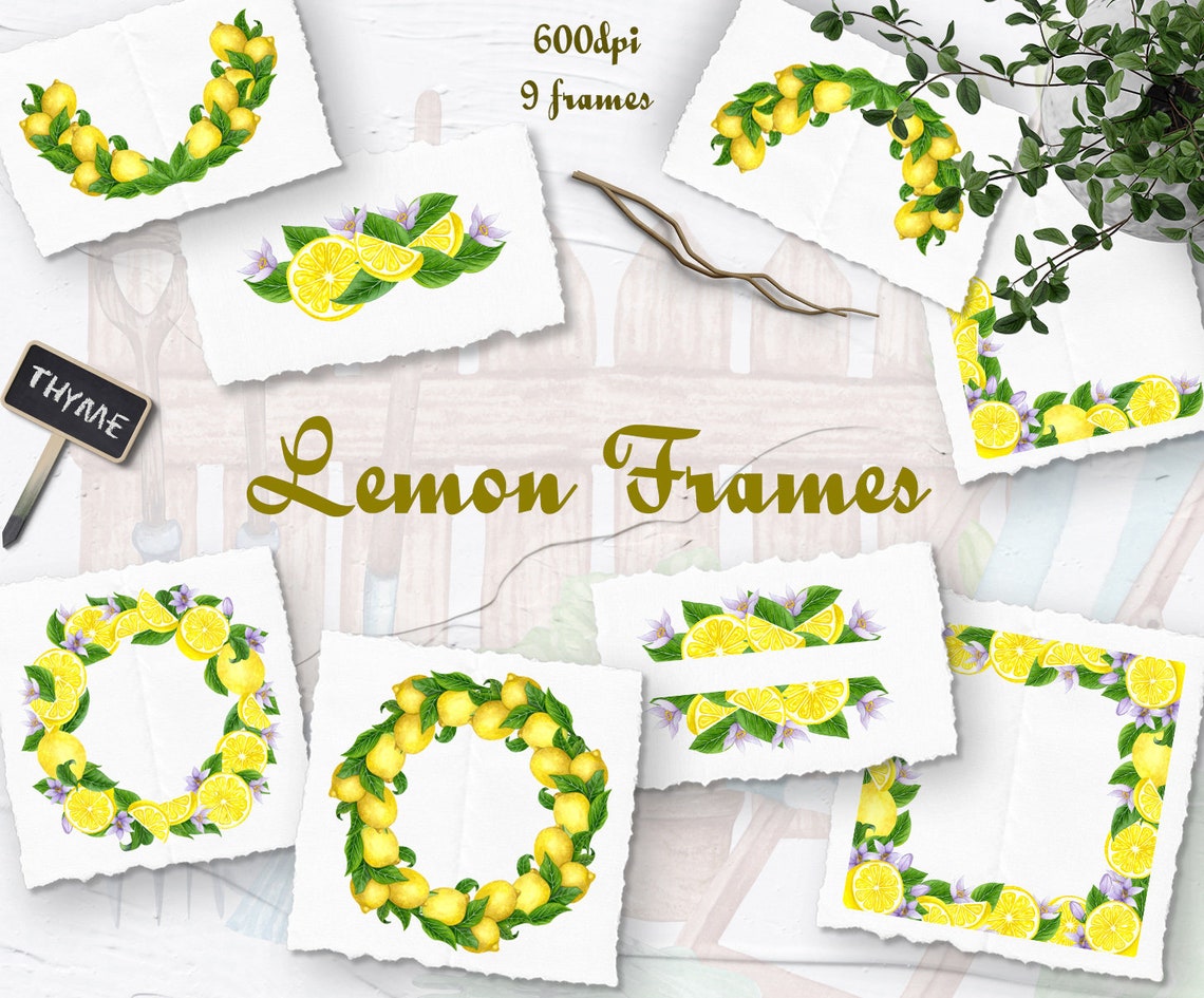 Lemon Watercolor Clipart. Lemon Frames Clipart. Lemon Wreath | Etsy