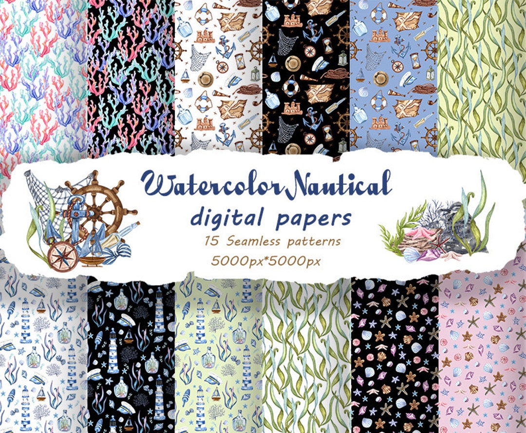 Nautical Digital Paper. Nautical Seamless Patterns. Marine Wrapping ...
