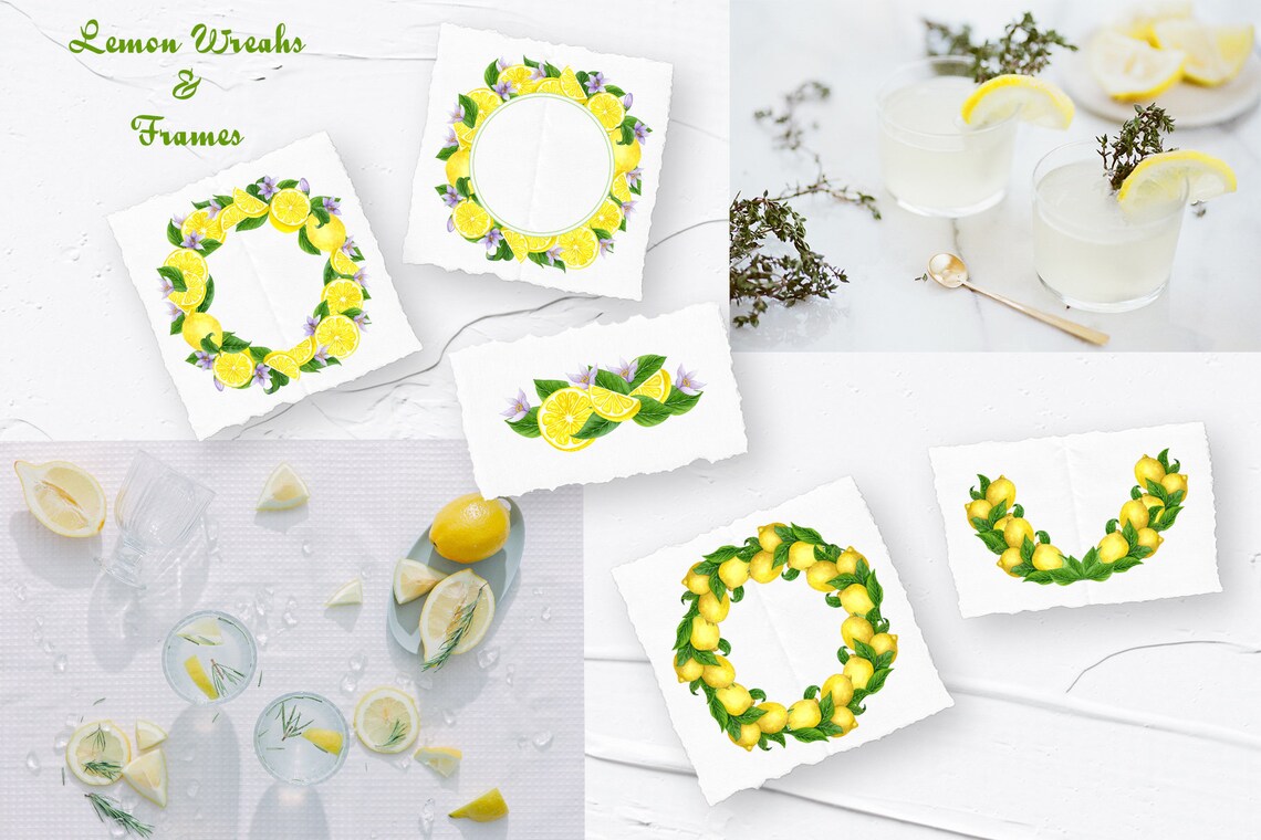 Lemon Watercolor Clipart. Lemon Frames Clipart. Lemon Wreath | Etsy