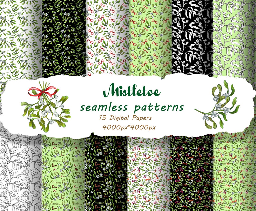 Mistletoe Watercolor Digital Paper. Christmas Mistletoe Seamless ...