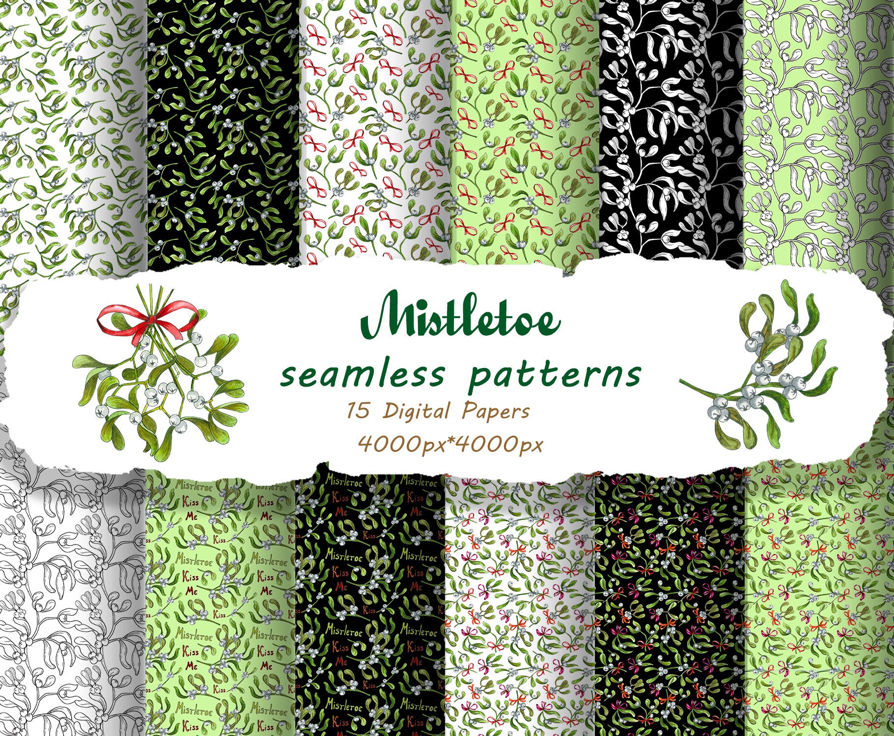 Mistletoe Watercolor Digital Paper. Christmas Mistletoe | Etsy
