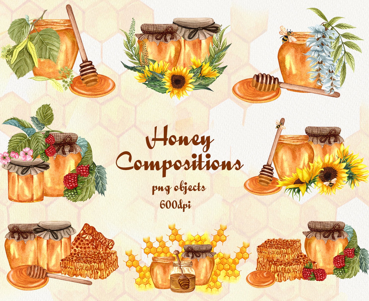 Honey Watercolor Clipart, Honey Logo, Honey Illustration, Honey Bee ...