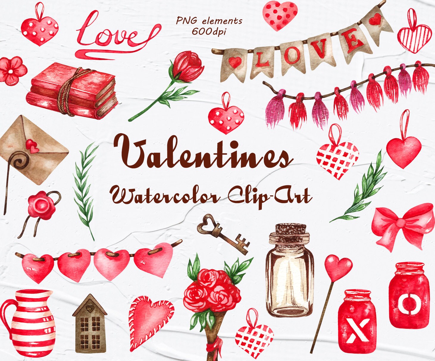 Valentine's Watercolor Clipart. Watercolor Love Clipart. - Etsy