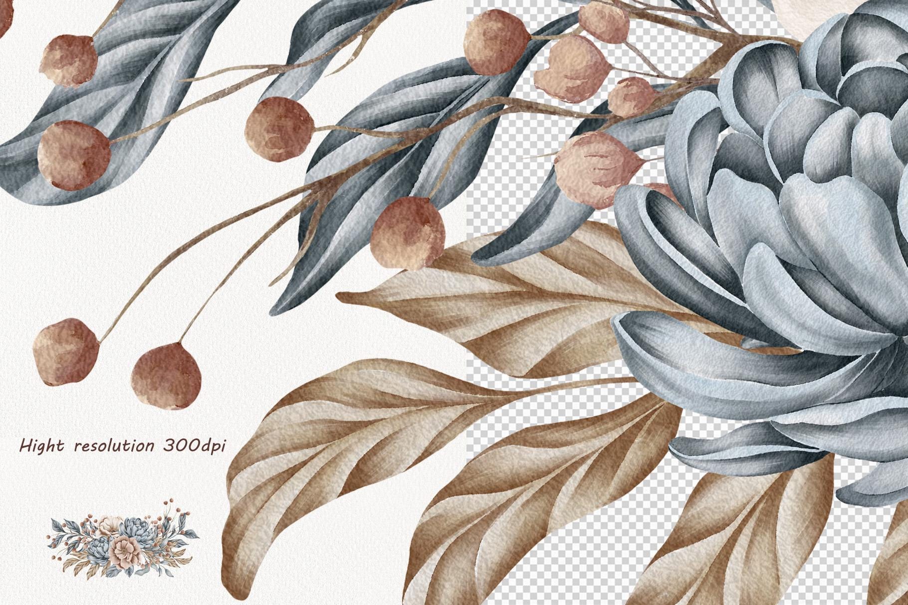 Watercolor Winter Florals Clipart. Winter Botanical Illustration. Dried ...