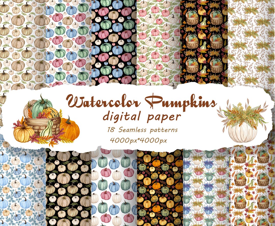Pumpkin Digital Paper. Watercolor Pumpkin Seamless Patterns, Watercolor ...