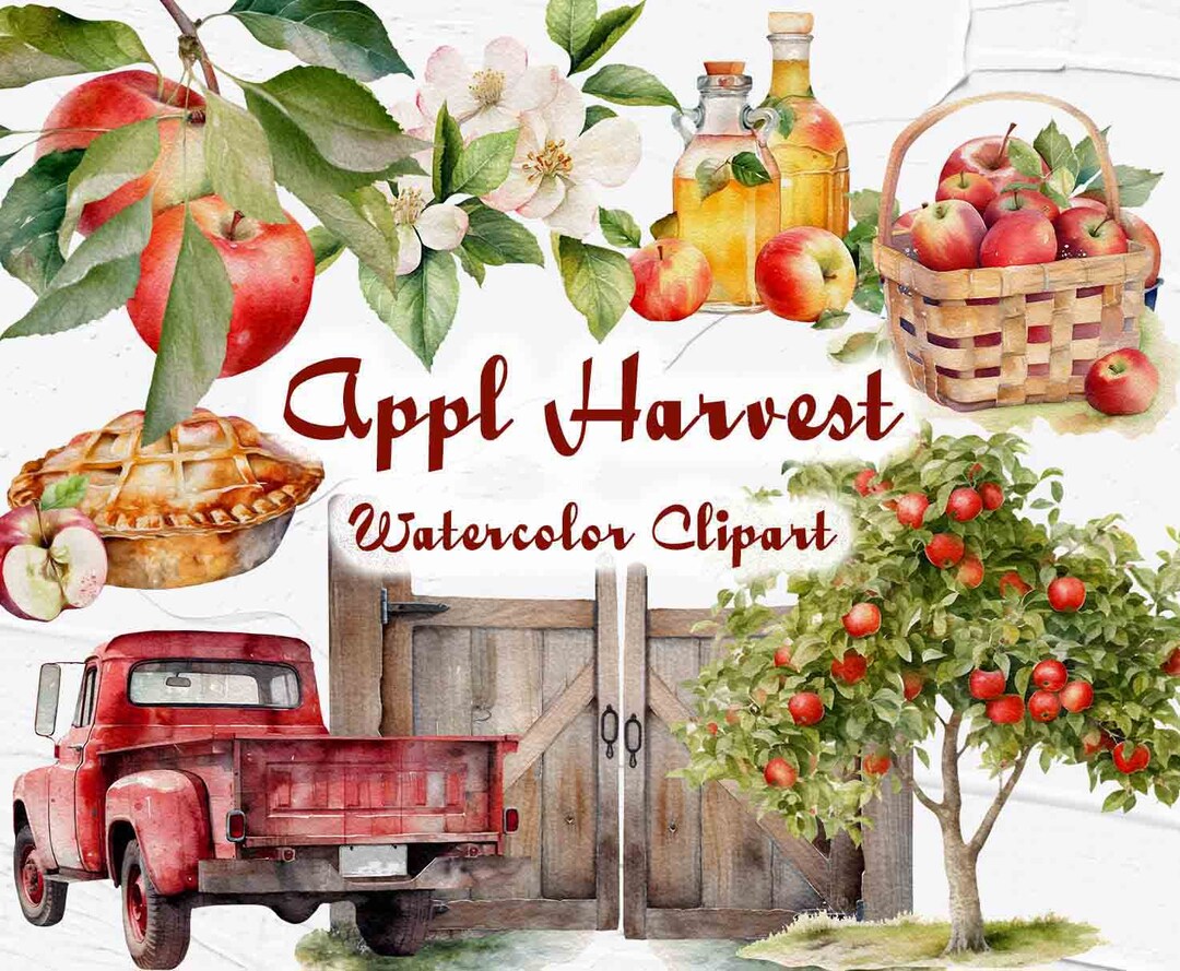 Apple Watercolor Clipart. Harvest Set. Apple Tree, Sider, Truck ...