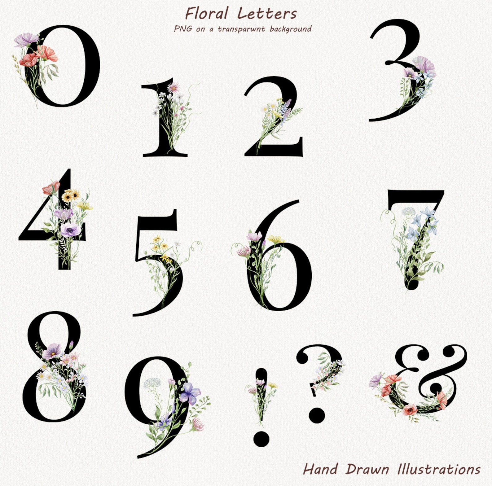 Wild Floral Alphabet Clipart. Wild Flowers Numbers Watercolor Spring ...