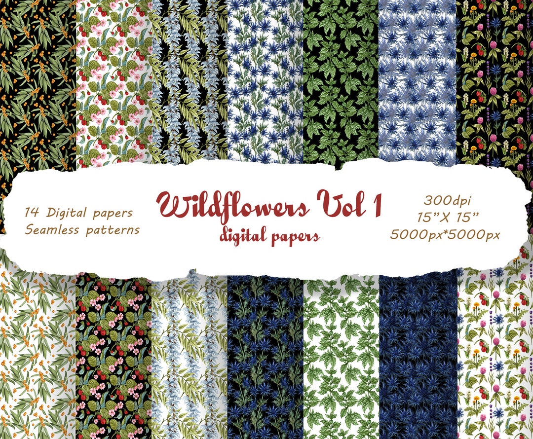 Wildflowers Digital Paper Vol 1, 14 Summer Seamless Patterns. Herbs ...