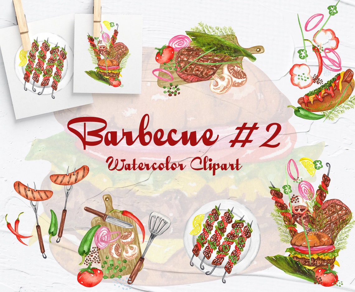 BBQ Watercolor Clipart. Summer Picnic Clipart. Cooking | Etsy