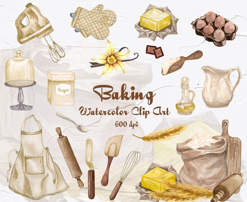 Baking Tools Watercolor Clipart. Baking Supplies Illustration. - Etsy