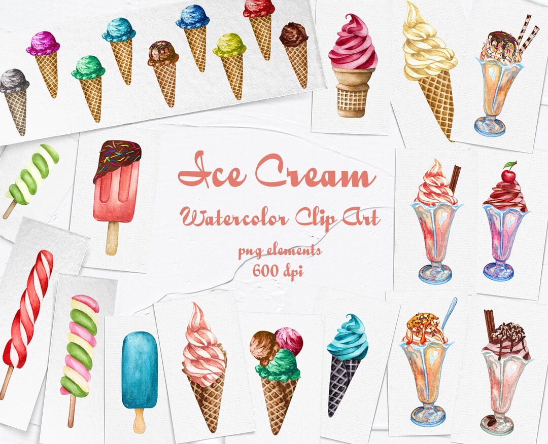 Ice Cream Watercolor Clipart. Waffle Cone Icecream. Sweet Dessert Clip ...