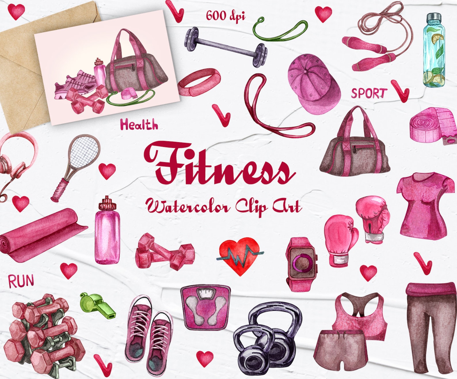 Fitness Equipment Clipart. Pink Fitness Watercolor Clip Art. Sport ...