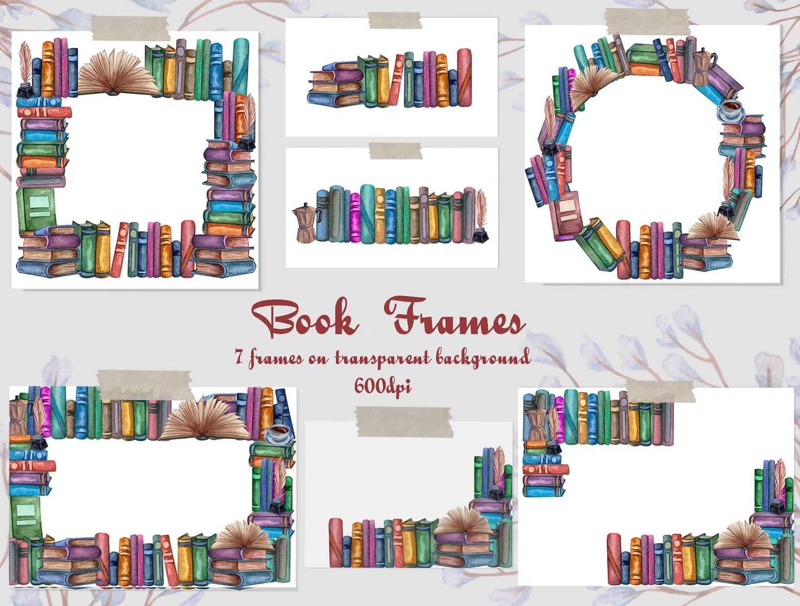 Watercolor Book Frames Clipart. Books. Vintage Library. - Etsy UK