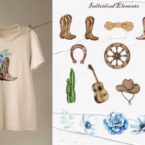 Western Watercolour Clipart. Blue Floral Cowboy Boots. Country Clipart ...