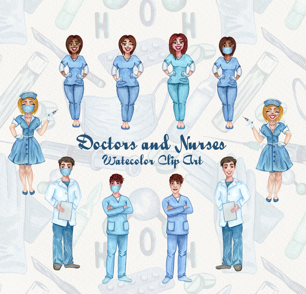 Doctors Watercolor clip art. Nurses Clipart watercolor set. | Etsy