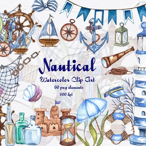 Nautical Watercolor Clipart. Marine. Ocean. Individual PNG - Etsy